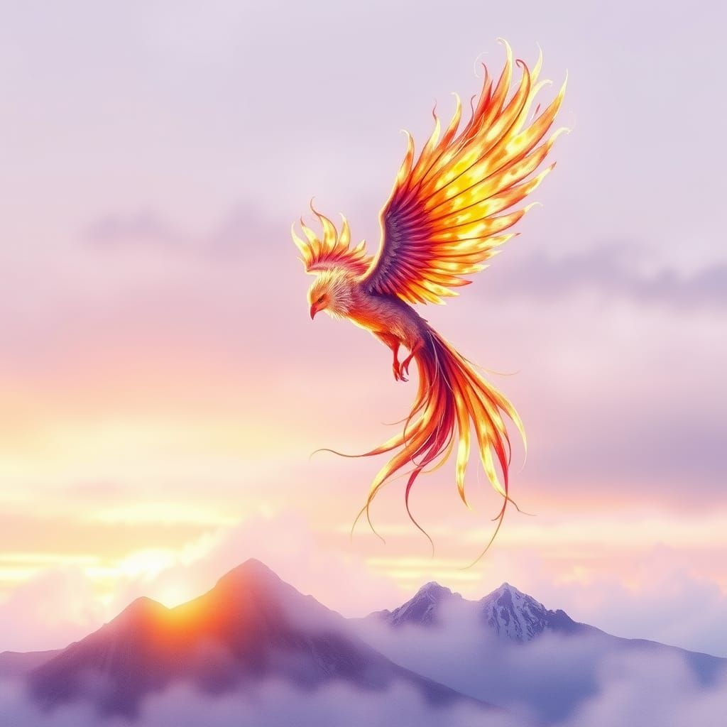 Ethereal Phoenix Ascends into Dawn's Soft Glow - AI Art
