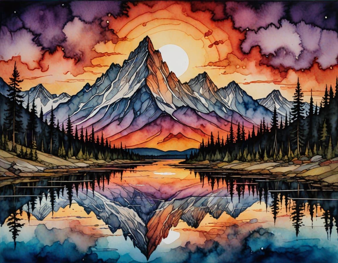 Alpine Glow - Vibrant Alpine Lake Scene at Sunset