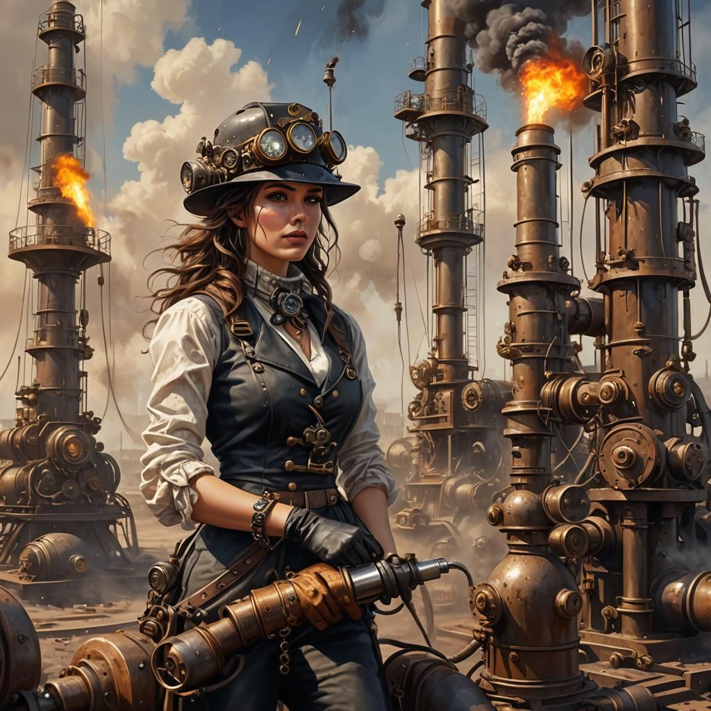 Steampunk-women drilling oil - AI Generated Artwork - NightCafe Creator