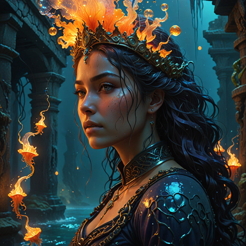 Fantasy Pyromancer Trapped in Iridescent Water Pri... - AI Art