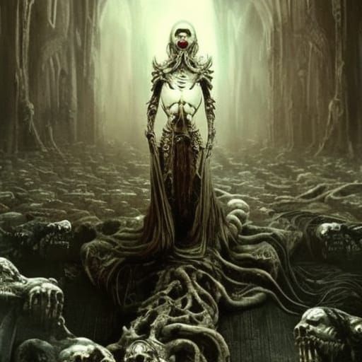 evil necromancer surrounded by undead skeletons, horror, hyper ...