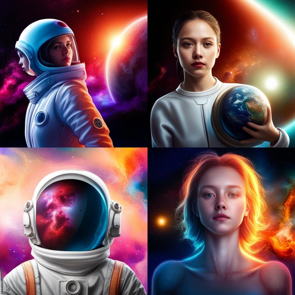 Photo a girl in a space suit with a planet in the background hyper ...