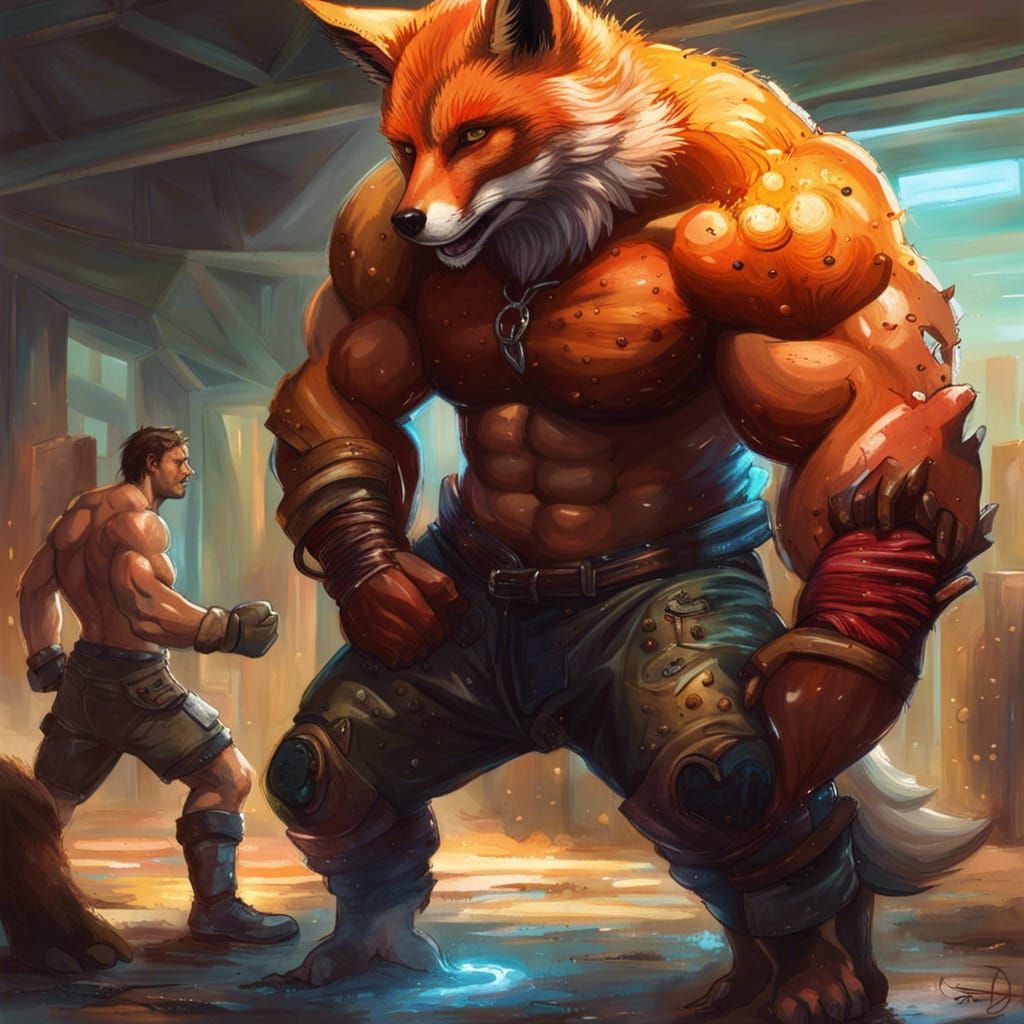 A humanoid fox with rippling muscles wearing a thong and preparing to ...