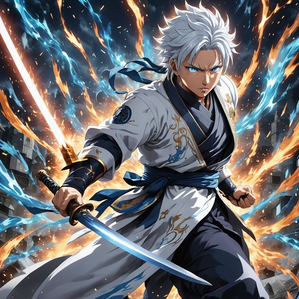 Gojo Satoru is wielding a gleaming sword, poised in a fierce stance ...