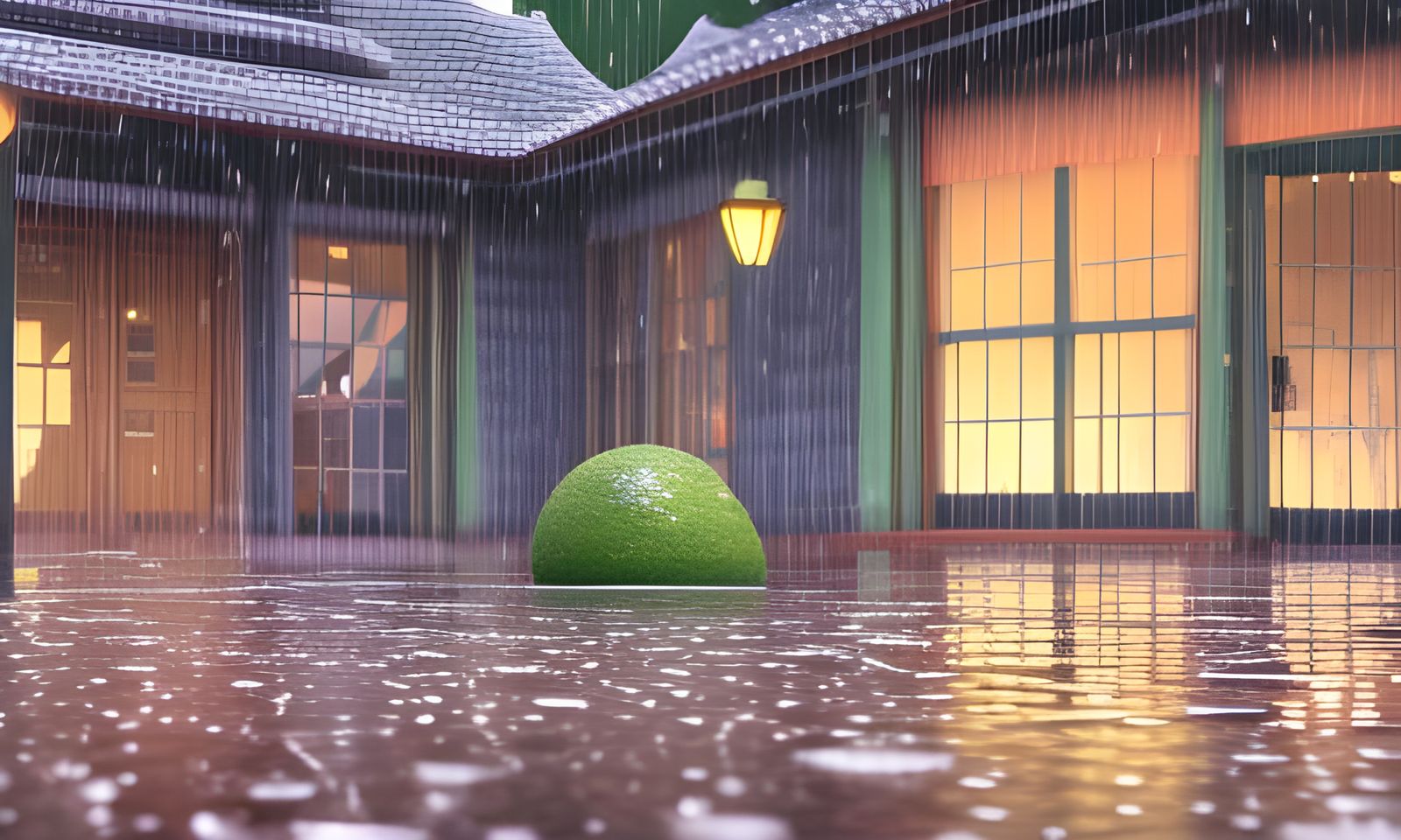 Worms-eyeview of Rain in a dojo courtyard with a trimmed hedge - AI ...