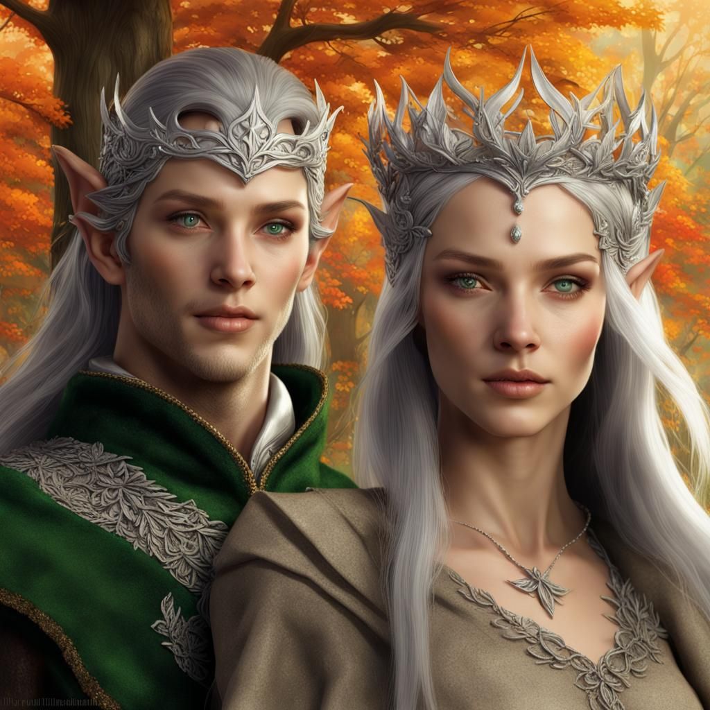 otherworldly, realistic Elf husband and realistic wife, kind faces, but ...