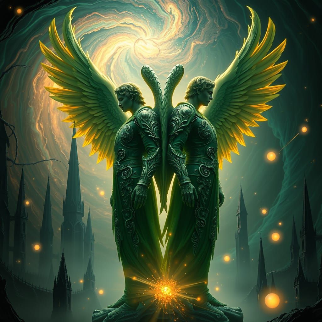 Angelic Guardians in Luminous Green Armor - AI Art