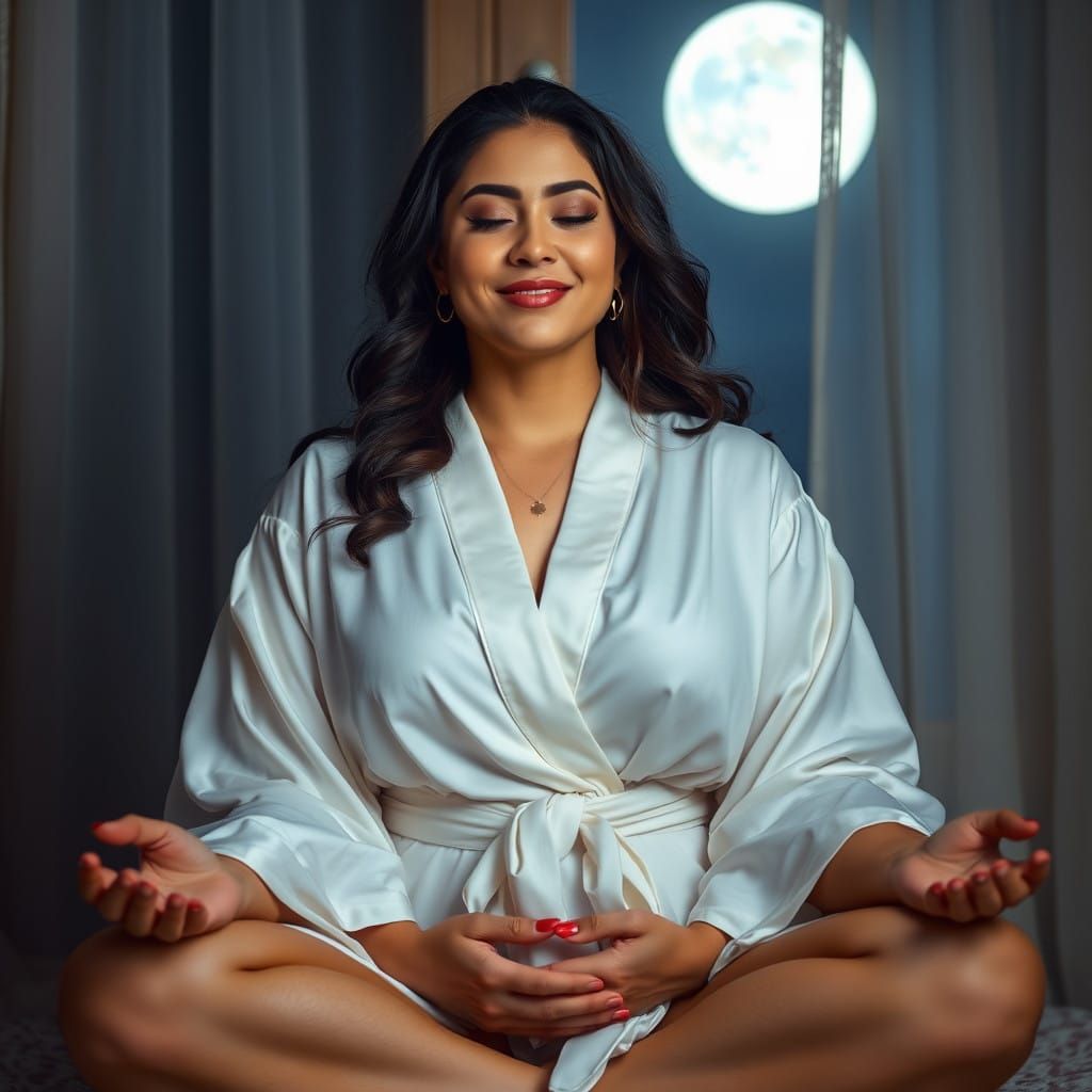 A serene, elegantly curvy woman, dressed in a flowing white robe, sits ...