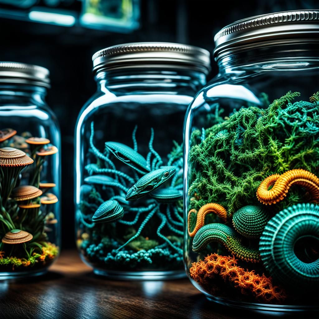 intricate details in side glass jars of alien objects , HDR ...