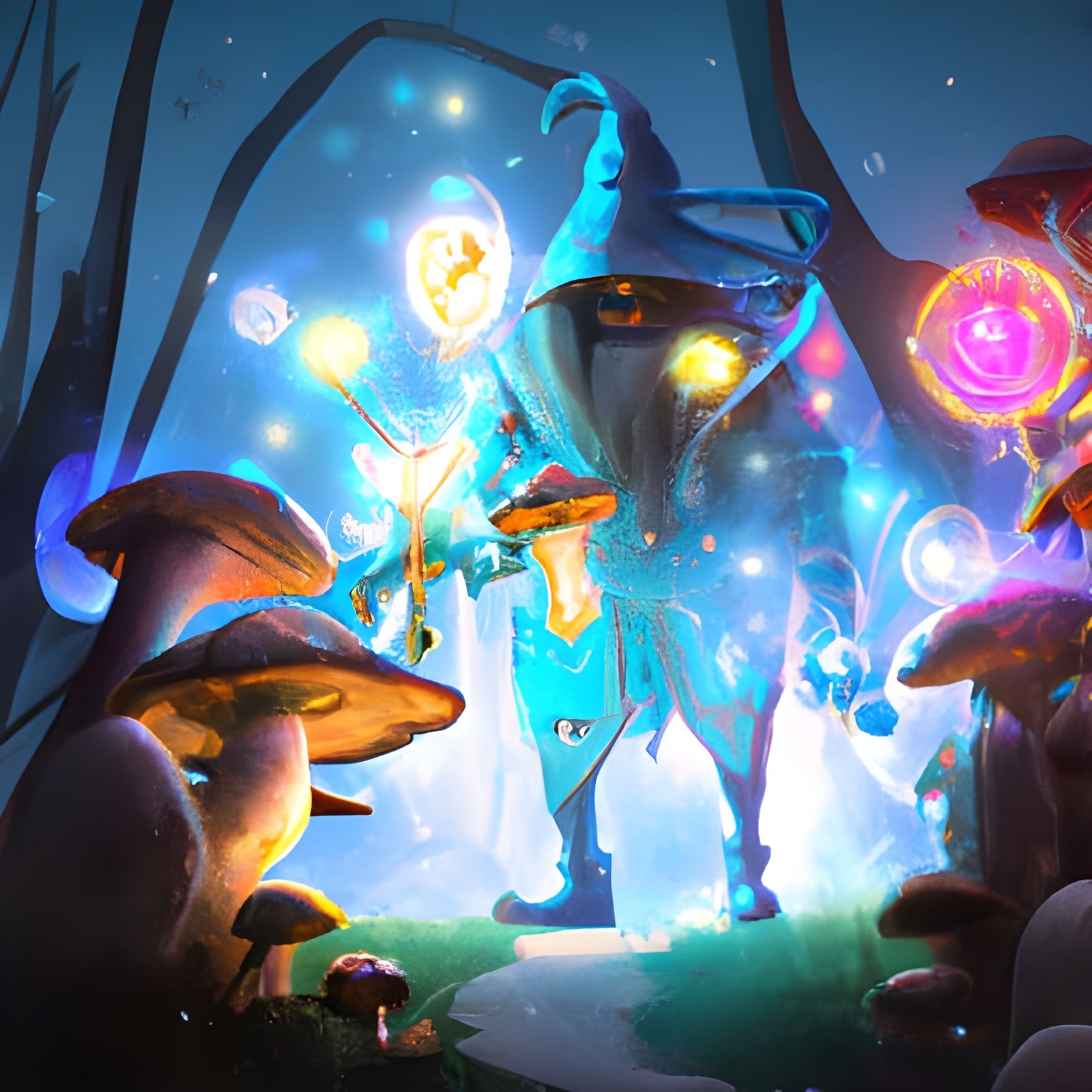 forest wizard gathering glowing magic mushrooms nighttime - AI ...