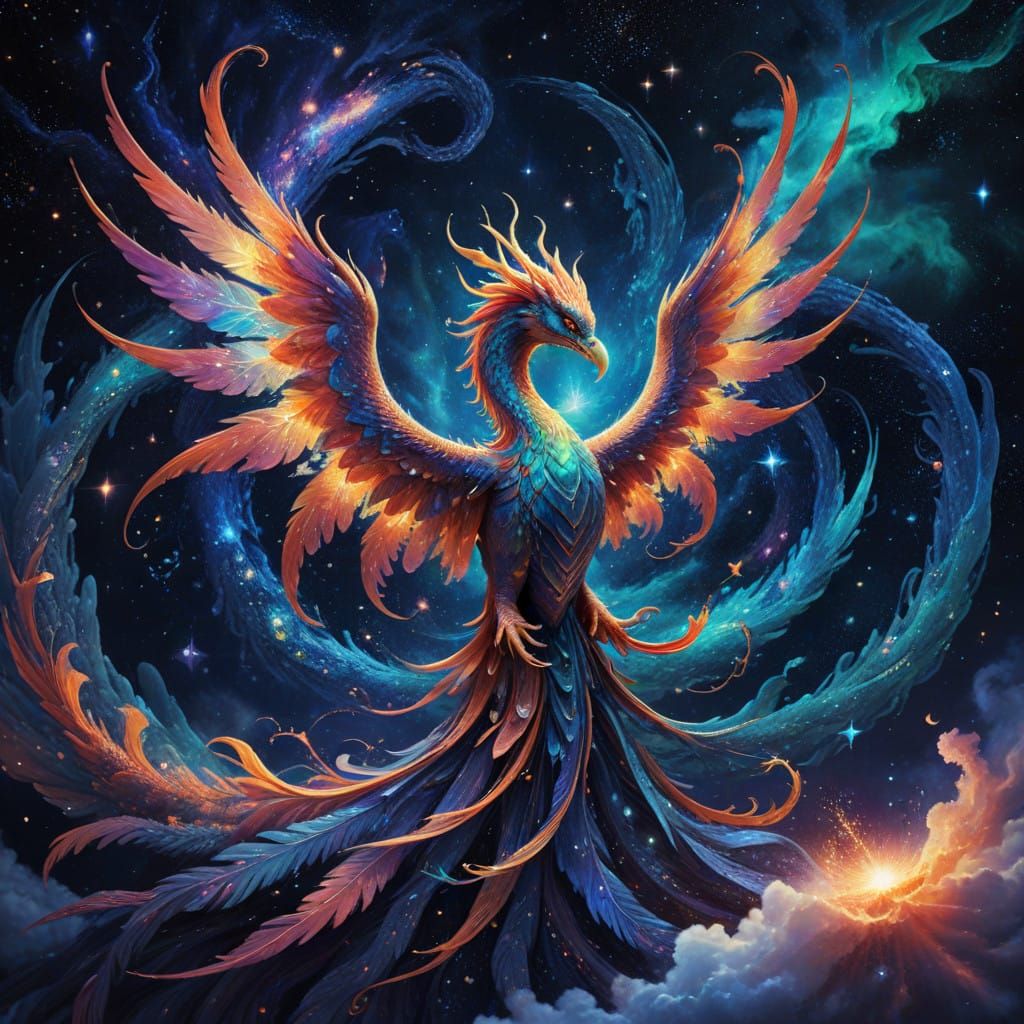 Cosmic Phoenix - Cosmic Phoenix: Vibrant, Iridescent Bird of...