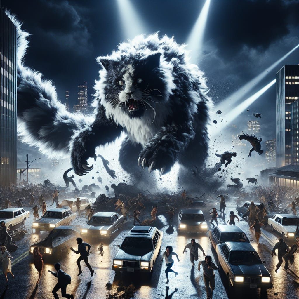 A towering giant obese fluffy black and white Catzilla monster ...