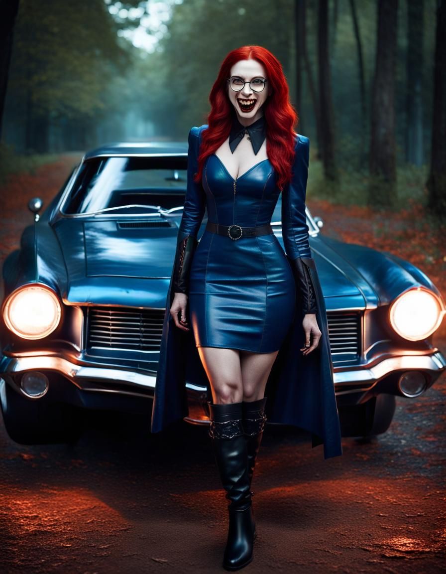 Evil Vampire Siren in Dark Leather, Smiling with F... - AI Art