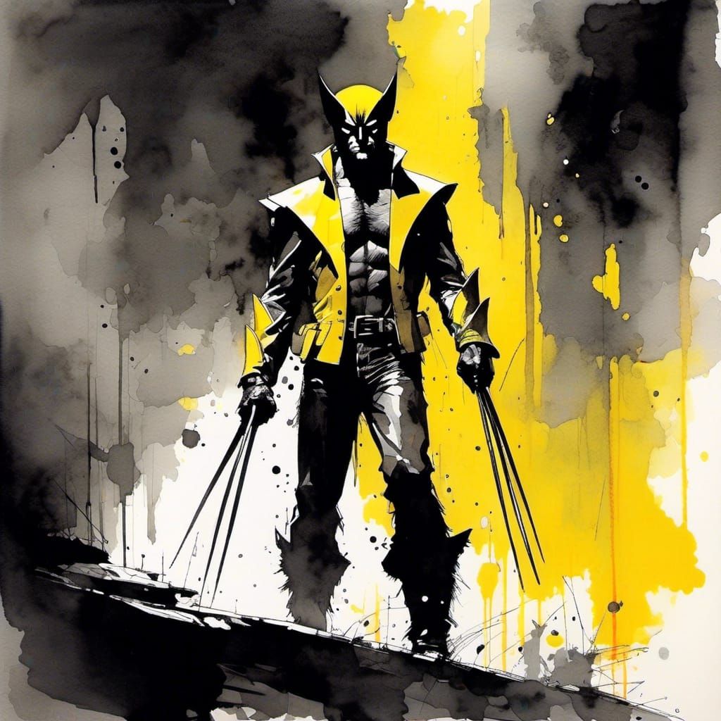 a black and white watercolor of a Wolverine, yellow costume, concept ...