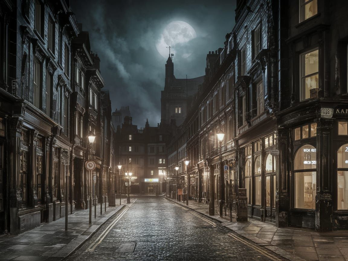 Gloomy London Street Scene at Moonlit Night in 188... - AI Art