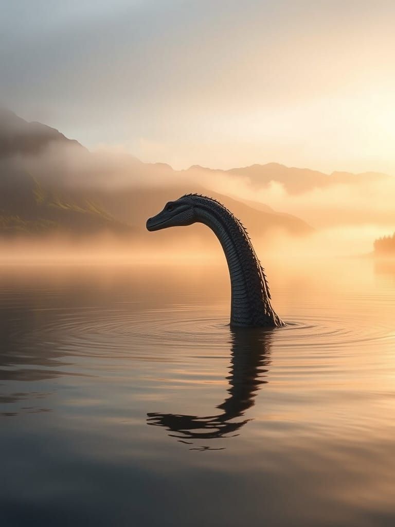 Nessi Monster - Majestic Loch Ness Monster Rises from Misty...