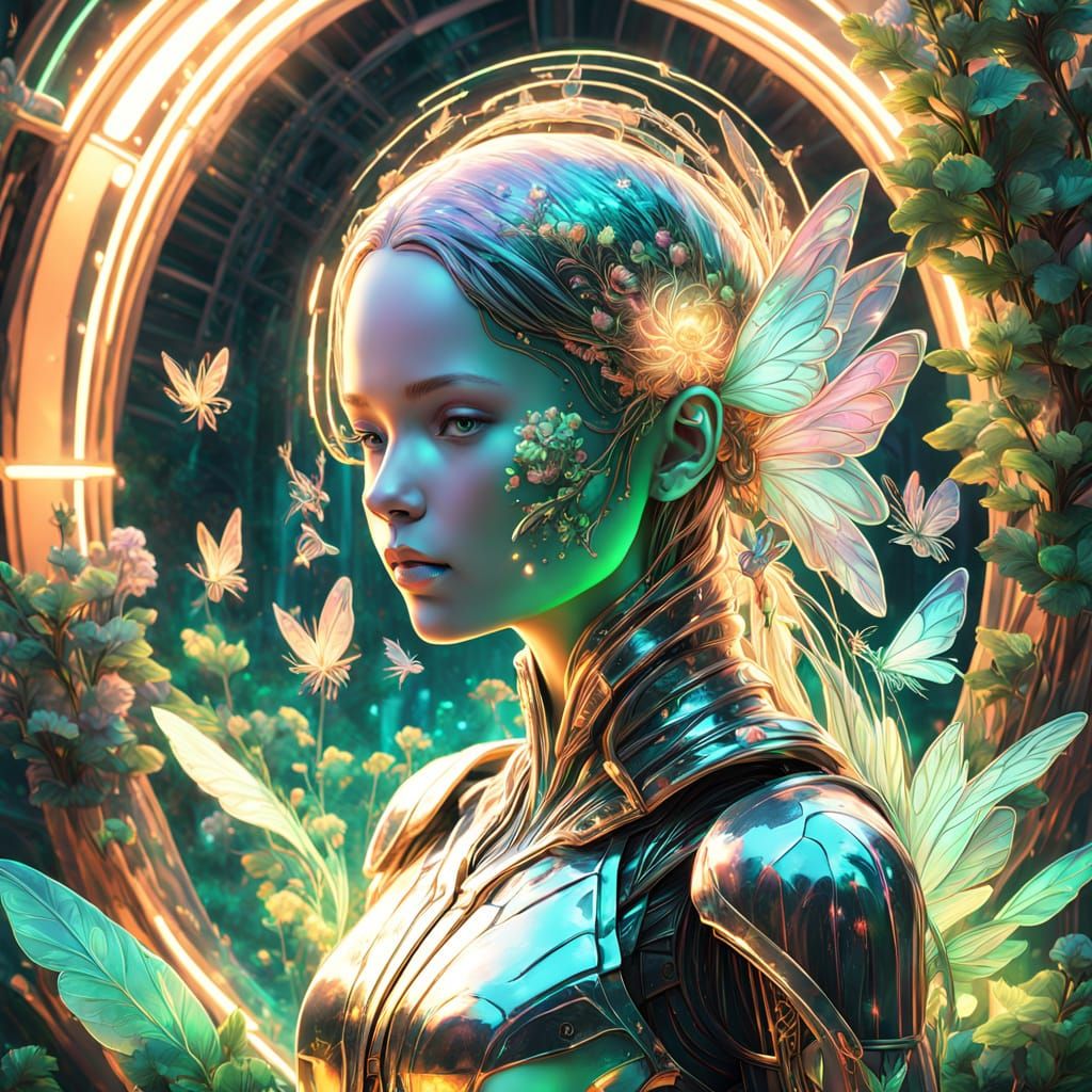 Android Goddess Offers Cybernetic Bloom to Etherea... - AI Art