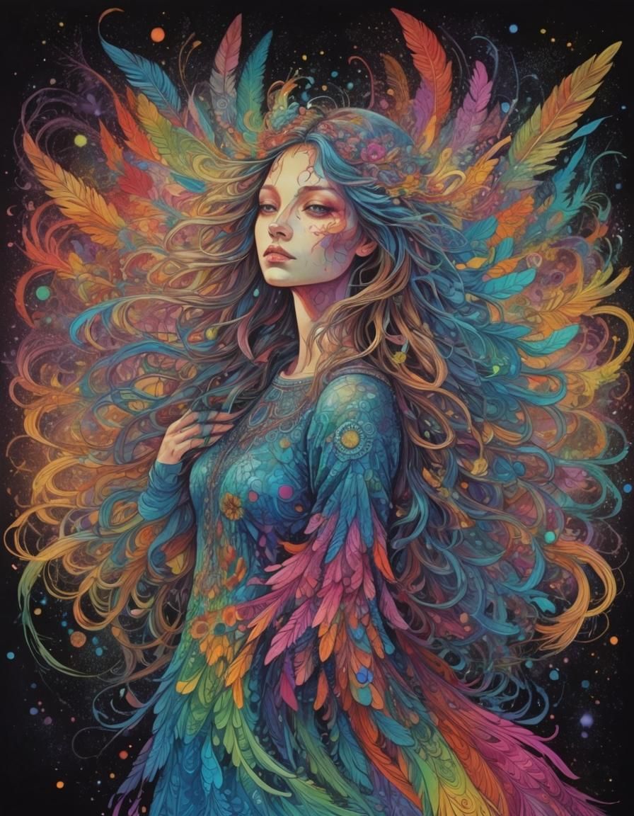 (Hyper detailed surreal artwork of a mystical angel with long floating ...