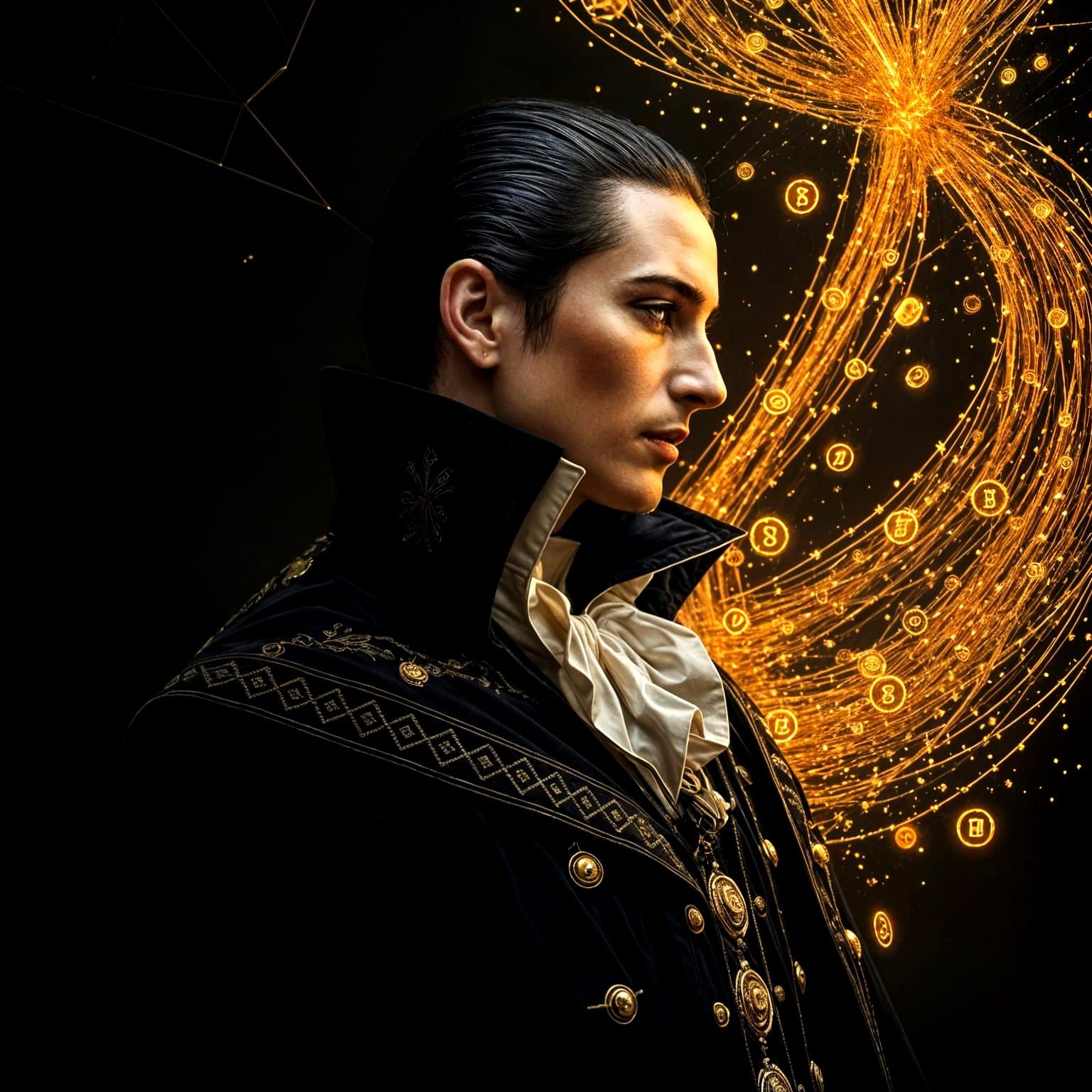 Modern Vampire Cloaked in Velvet and Gold, Surroun... - AI Art