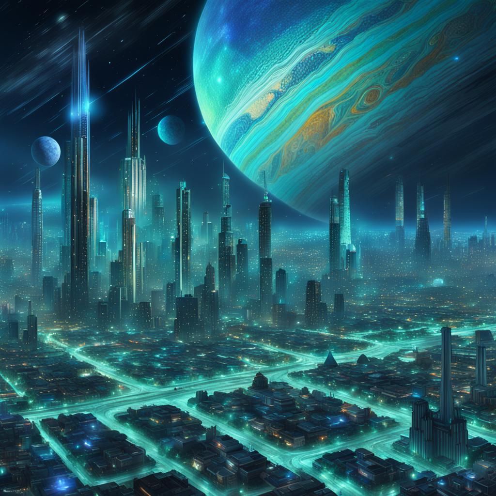 A ultra futuristic city at night on Jupiter's moon, Europa, all the ...