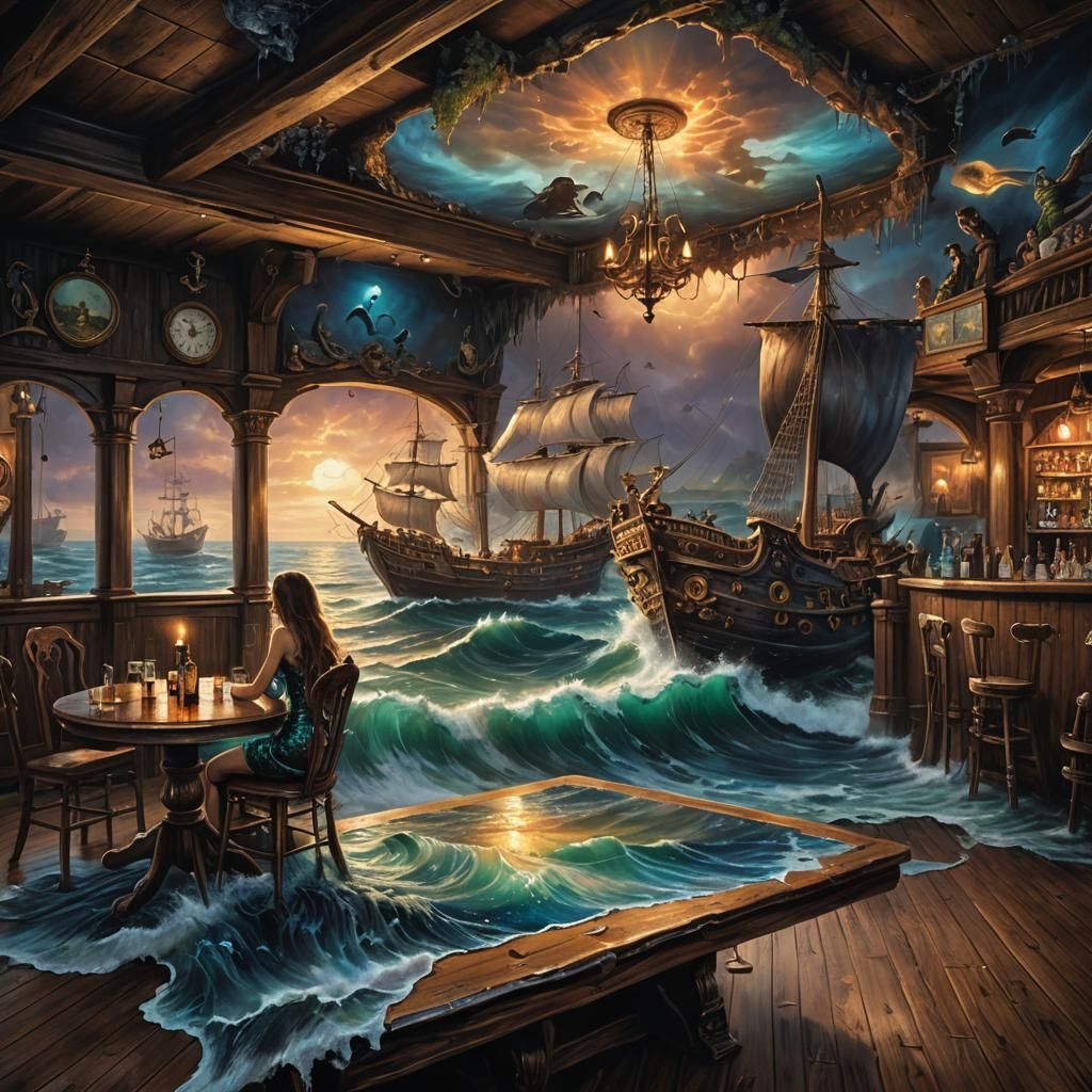 A captivating dark fantasy scene in a port bar, where a mermaid from an ...
