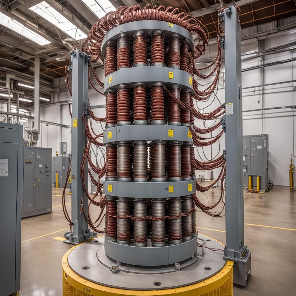 3 substation insulator stack coils, wires connected to drum sized ...