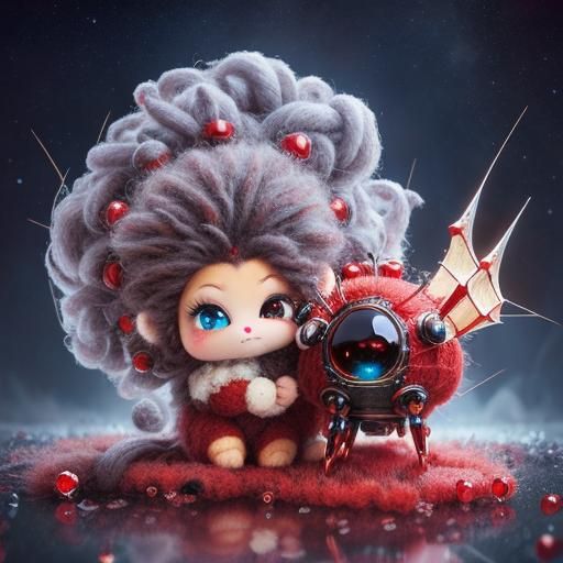 Cute and fluffy tiny red baby spider. knitted yarn. wool. fluffy ears ...