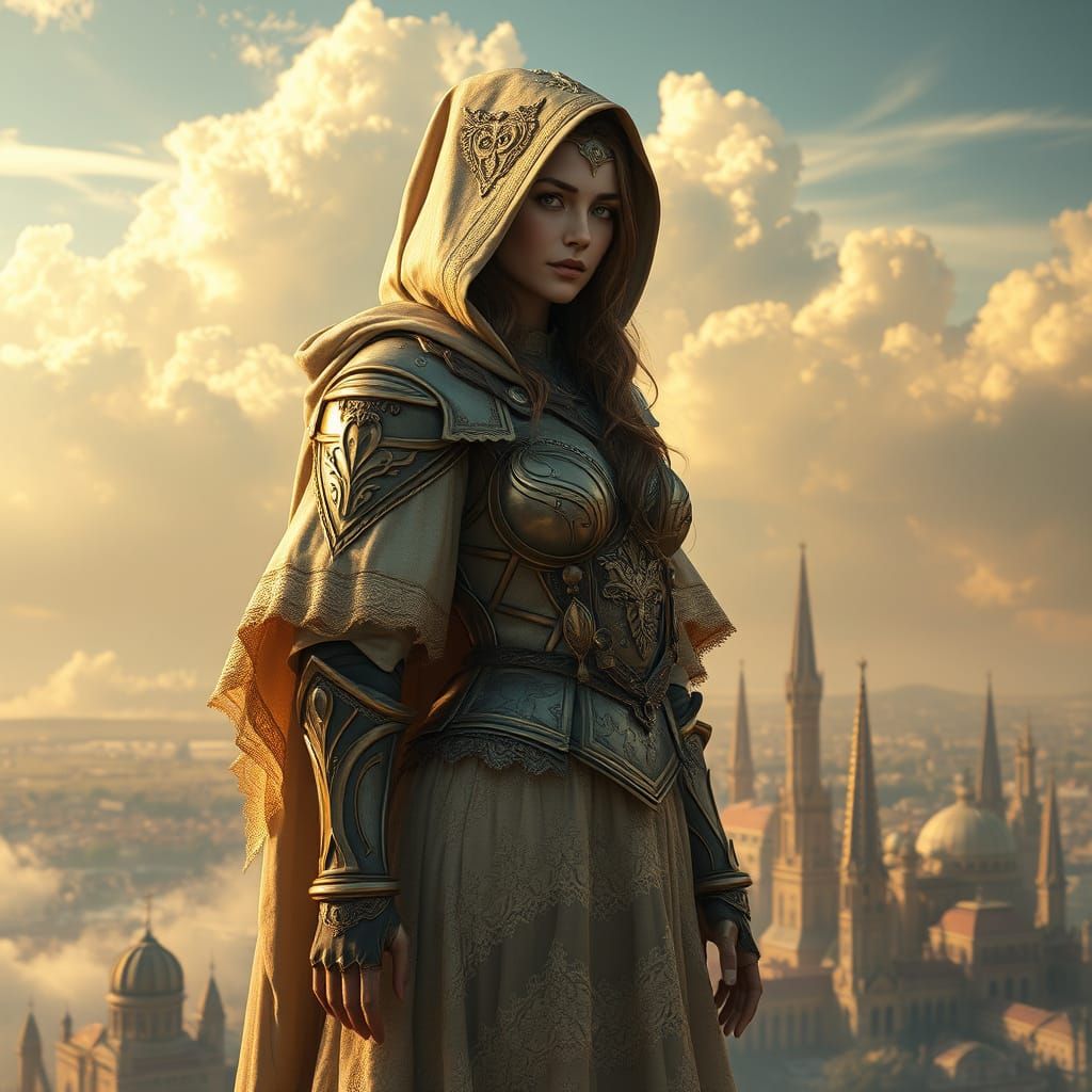 Regal Valkyrie at Golden City in the Clouds - AI Art