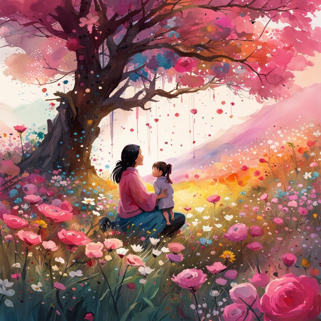 Mother and Daughter Enjoying the Flowers - AI Generated Artwork ...