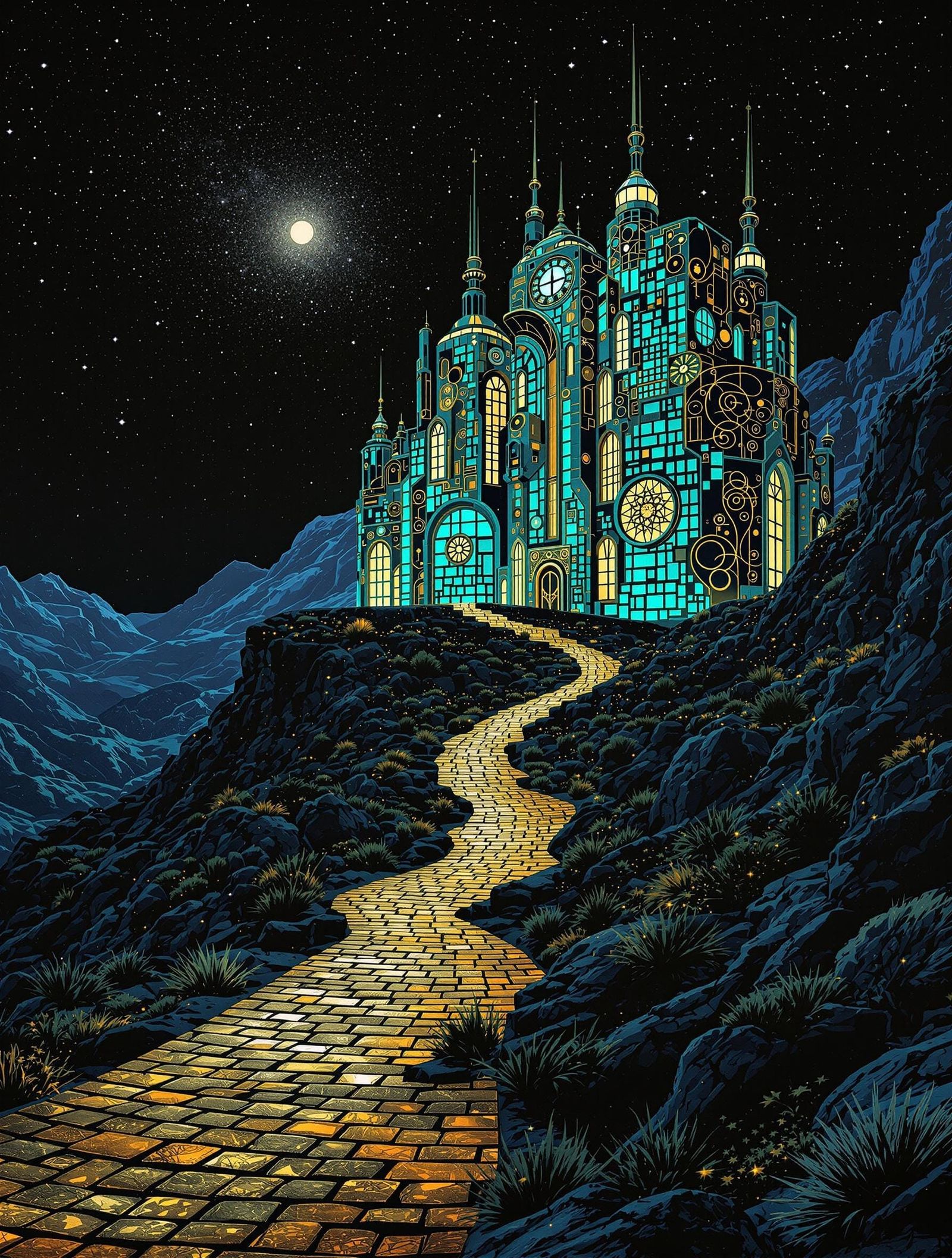 Stained Glass House VII - Glowing Blue and Green Science Fic...