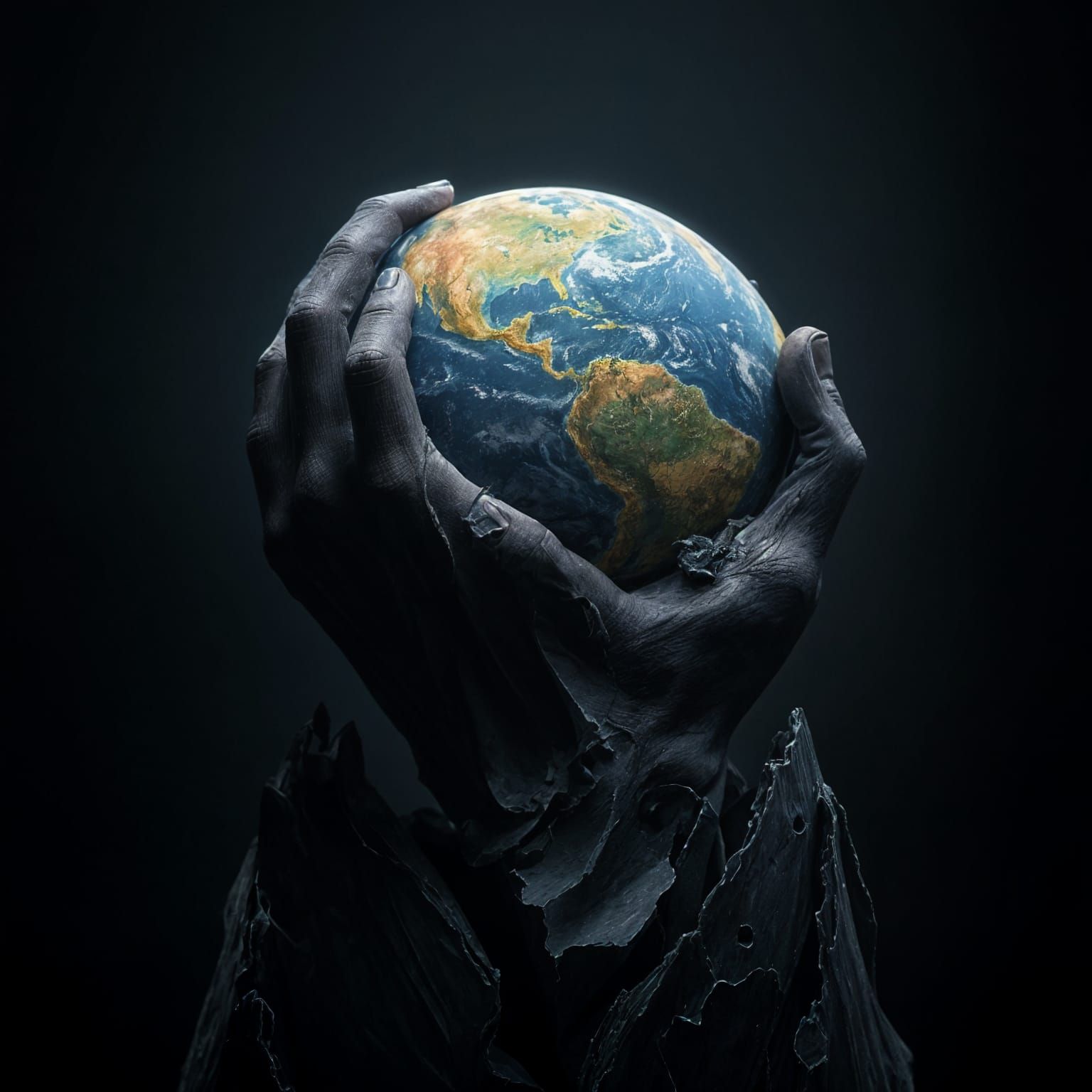 "Create an image of a gigantic, shadowy hand with a lifeless, decayed ...