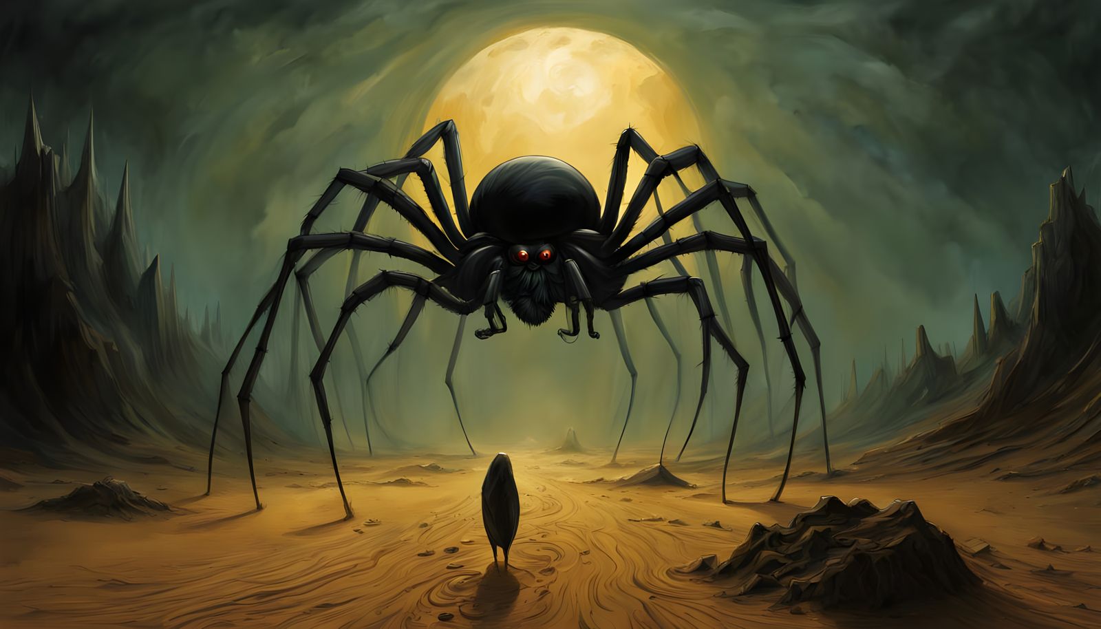 A colossal, eight-legged Black Widow Spider with a chitinous, armored ...