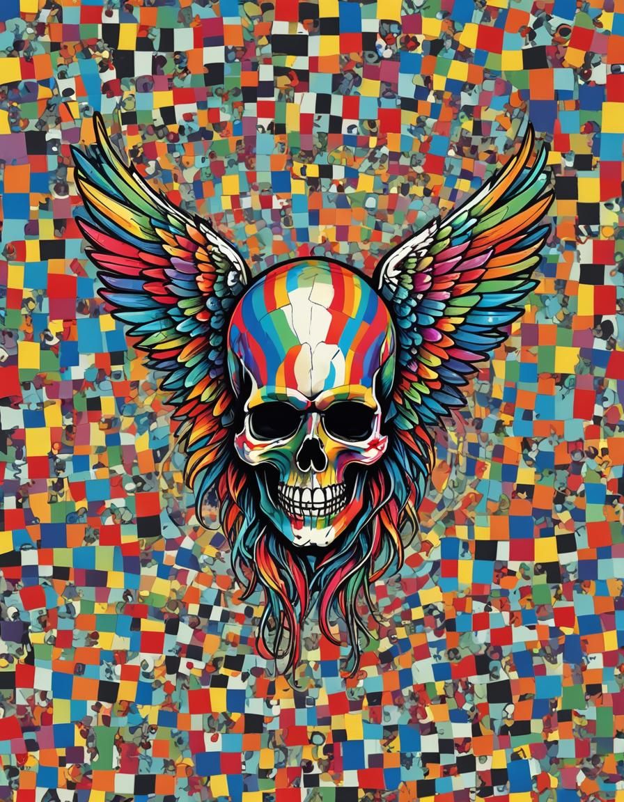 rainbow stripes skull emo 2000s angel wings checkerboard - AI Generated ...