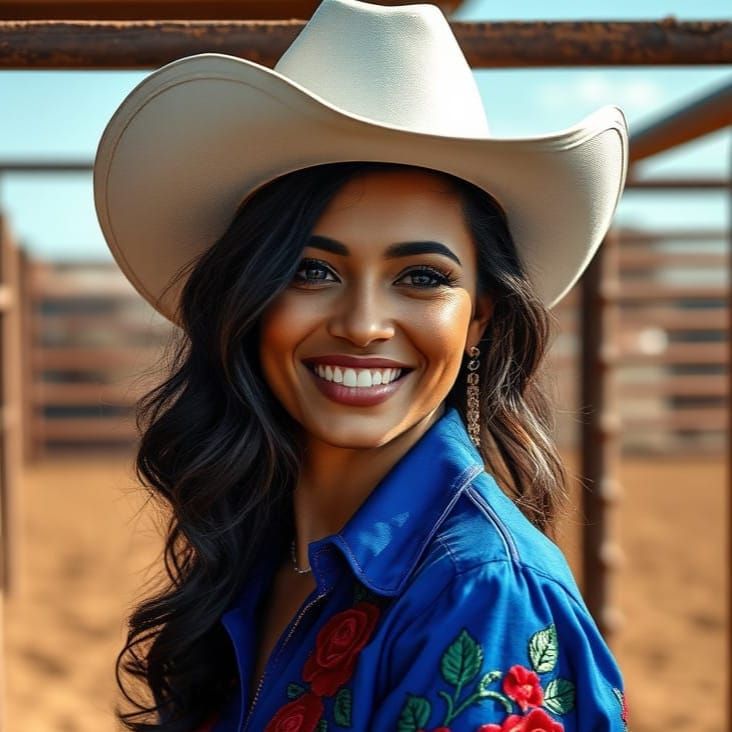 Mega Watt Smile - Beautiful Rodeo Woman in Cowboy Hat and Ro...