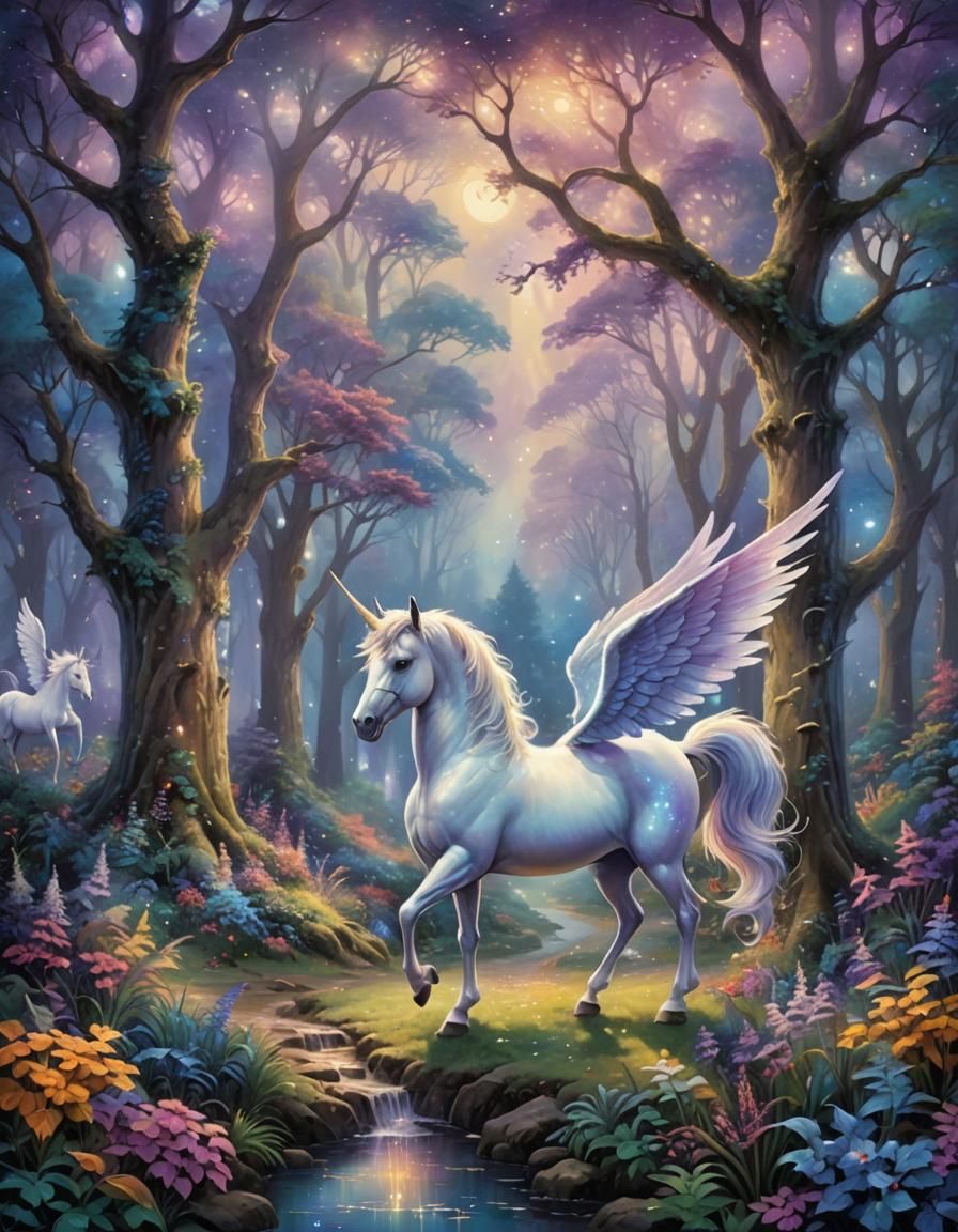 Pegasus Unicorn In A Whimsical Forest Ai Generated Artwork