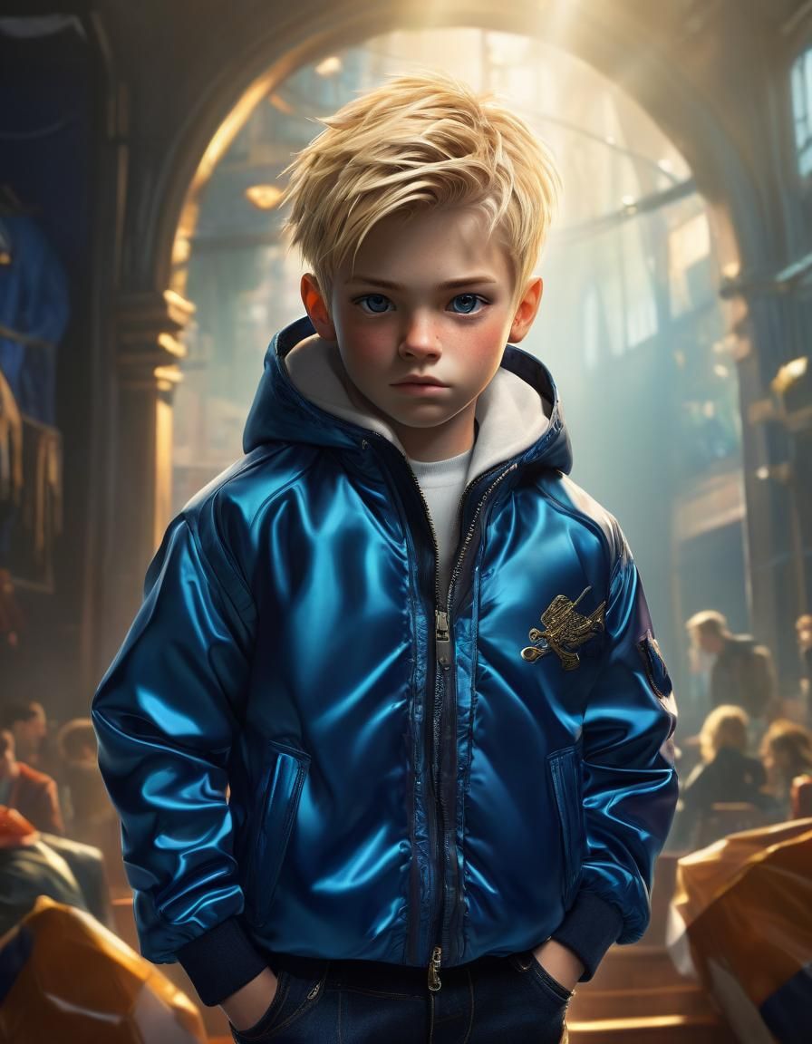 Ethereal Boy in Navy Blue Attire, Set Against a Vi... - AI Art