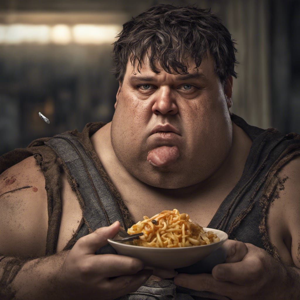 Fat man. Wields a sword. Lazy, tanned skin. Very short dark brown hair ...