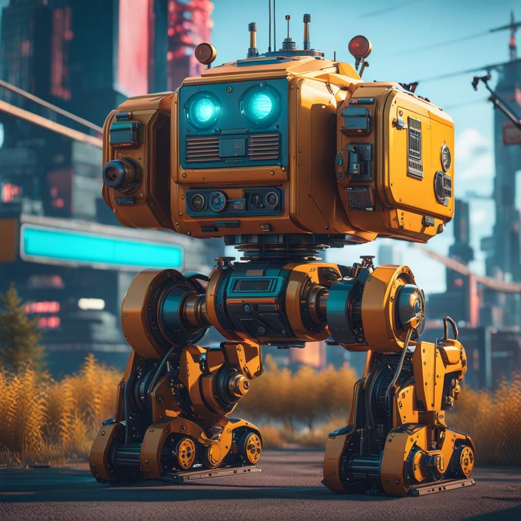 Robot detective, colorful style, simon stalenhag, intricate mech ...