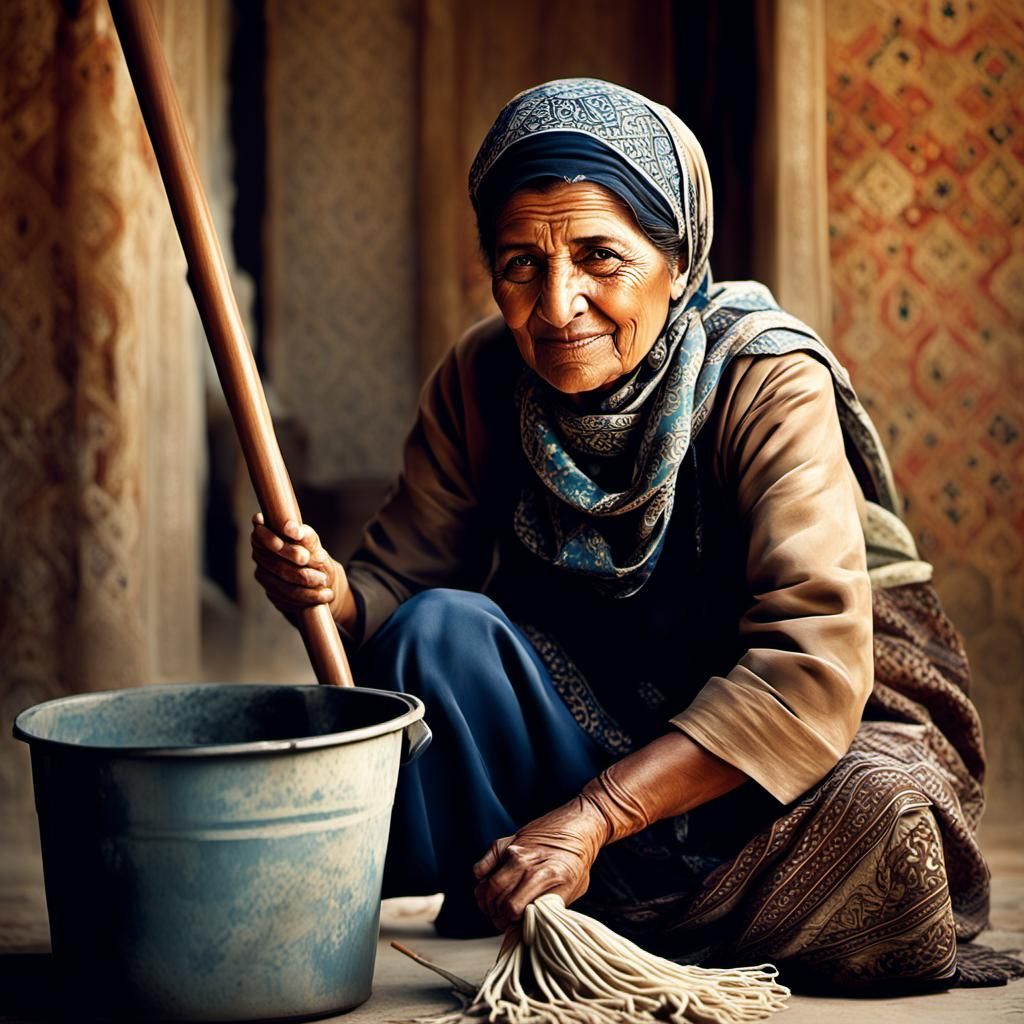 The middle aged beautiful cleaner woman cleaning a... - AI Art