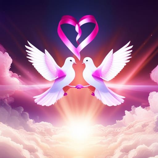 2 beautiful pink doves flying while holding a purple ribbon that makes ...