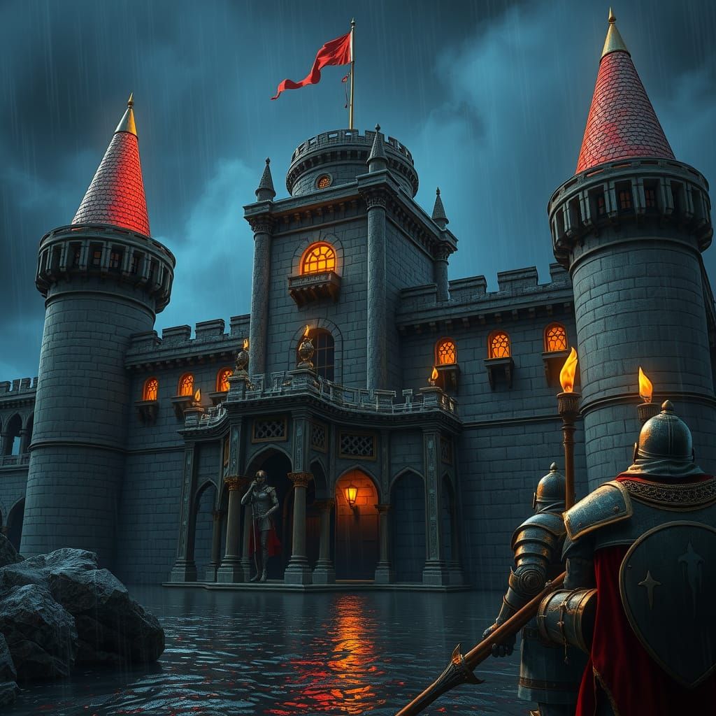 Realistic Medieval Castle at Night Under Stormy Sk... - AI Art