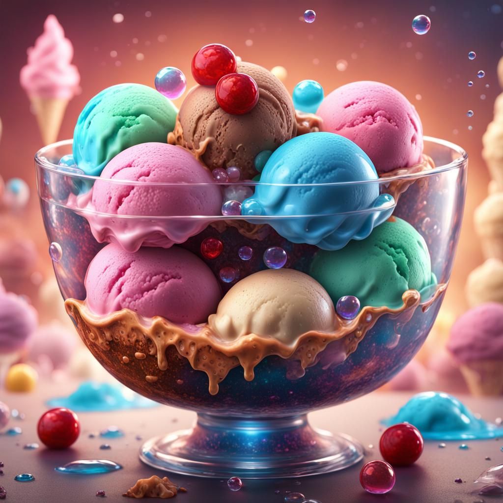 Ice Cream bowl super colorful with bubbles all around it - AI Generated ...
