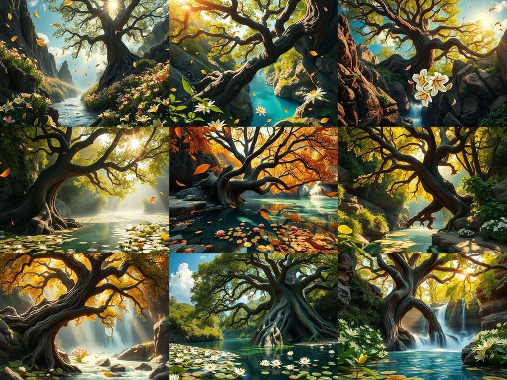 An oak tree falling down a gorge, water on the bottom, lillies all over ...