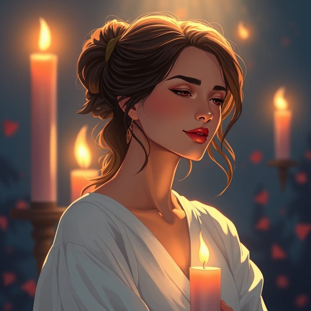 A Candlelight, in white in the style of Comic Illustration. The background is blue, light red ...