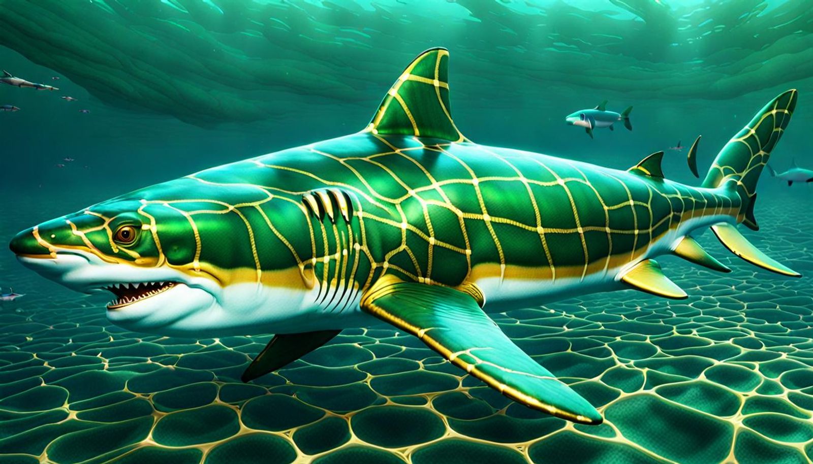 green and gold plaid colored ocean reef, plaid colored sharks, 8k ...