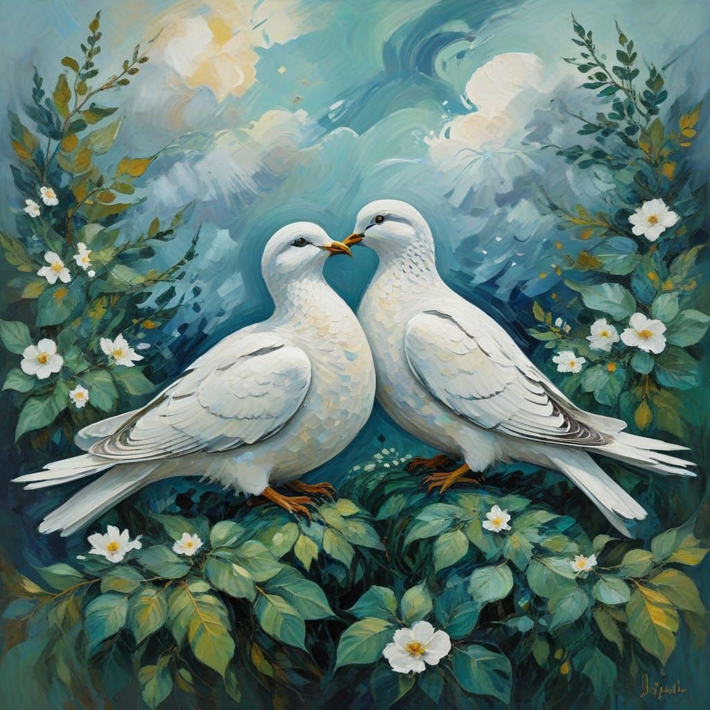 twin doves - Gentle Doves in a Neo-Impressionist Landscape
