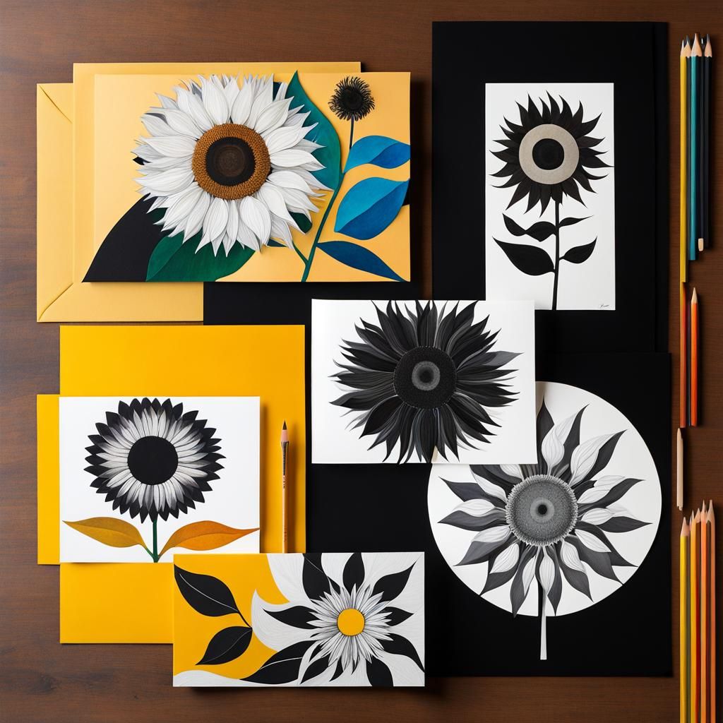 colored pencils, hand drawn pages with Sunflower, bird, leaves, flowers ...