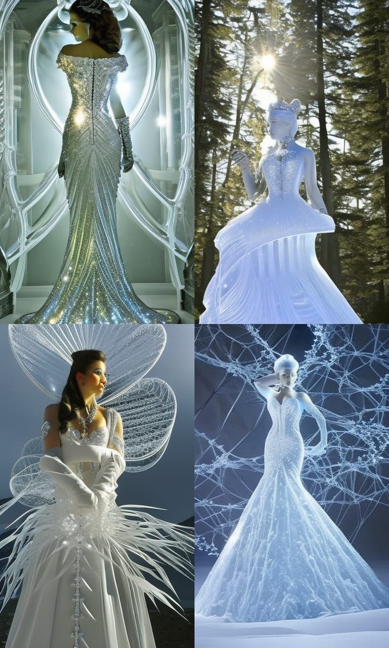 photo, (ice carving sculpture of a beautiful ice core queen, lacy dress ...