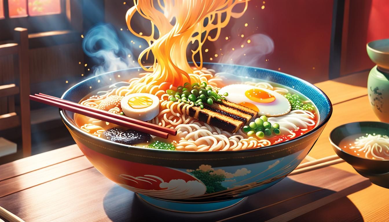 Anime-style steaming hot ramen bowl within a traditional Japanese ramen ...
