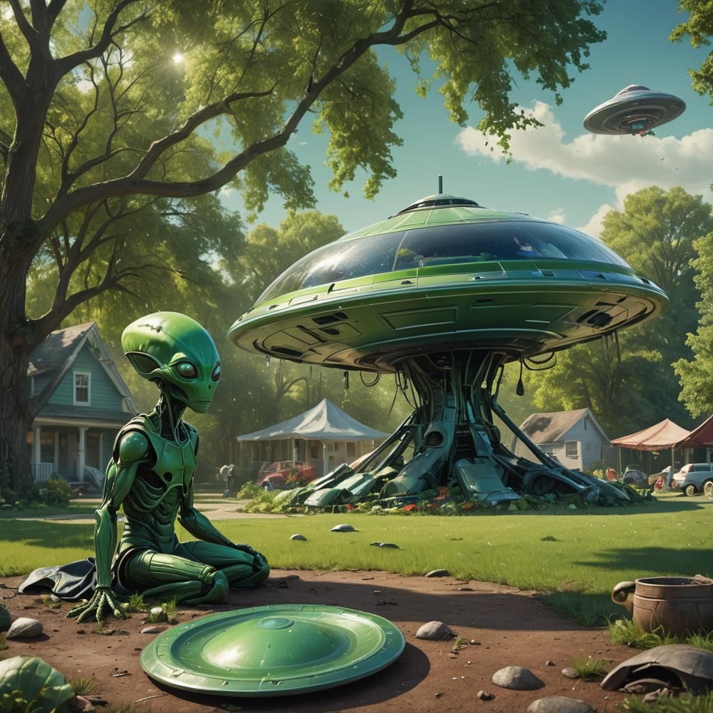 little green man, alien, next to crashed flying saucer on the village ...